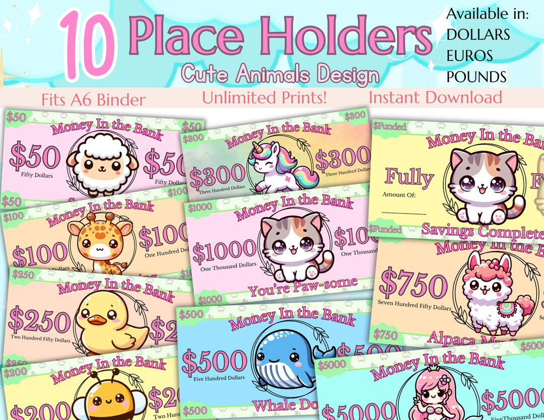 10 Money Place Holders - Cute Animals | 50-1000 | A6 Savings Challenges ...