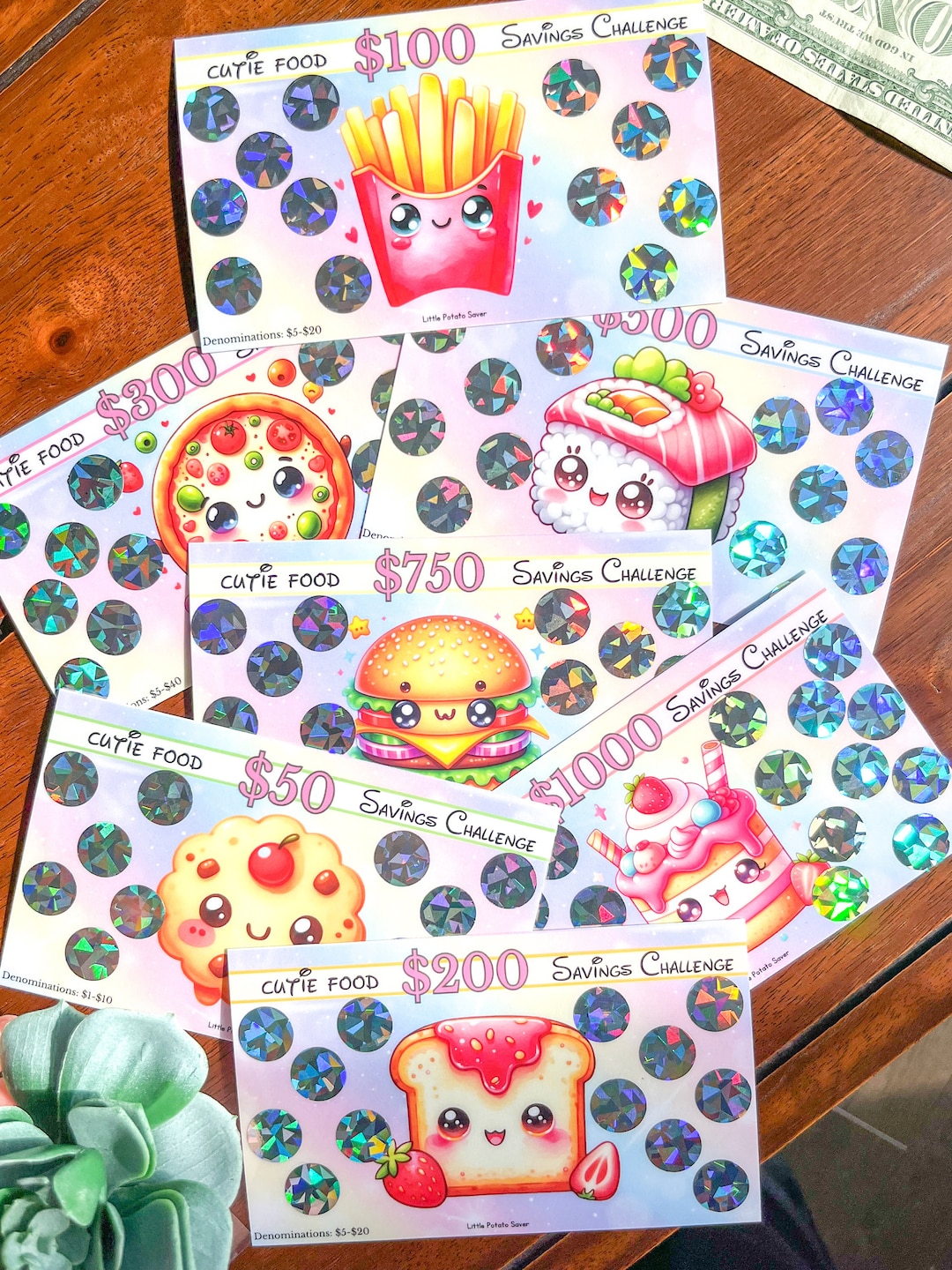 50-1000 Cutie Foods Savings Challenge Scratchers | Kawaii Cute Rainbow ...