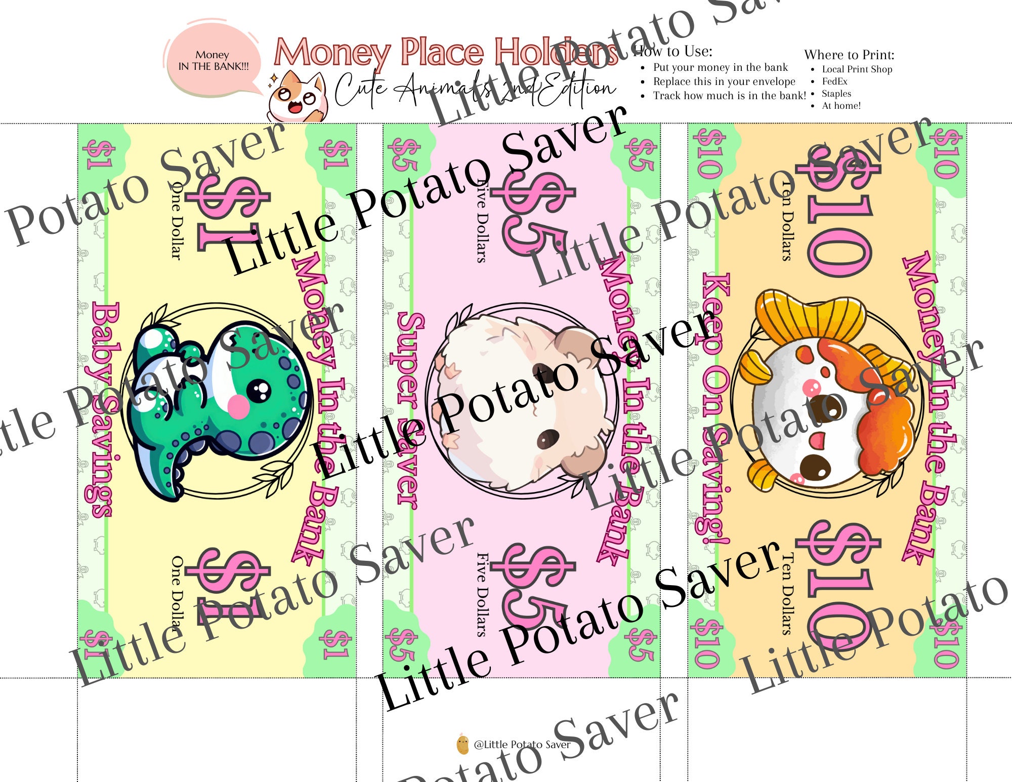 12 Money Place Holders - Cute Animals 2nd Ed | 1-1000| A6 Savings ...