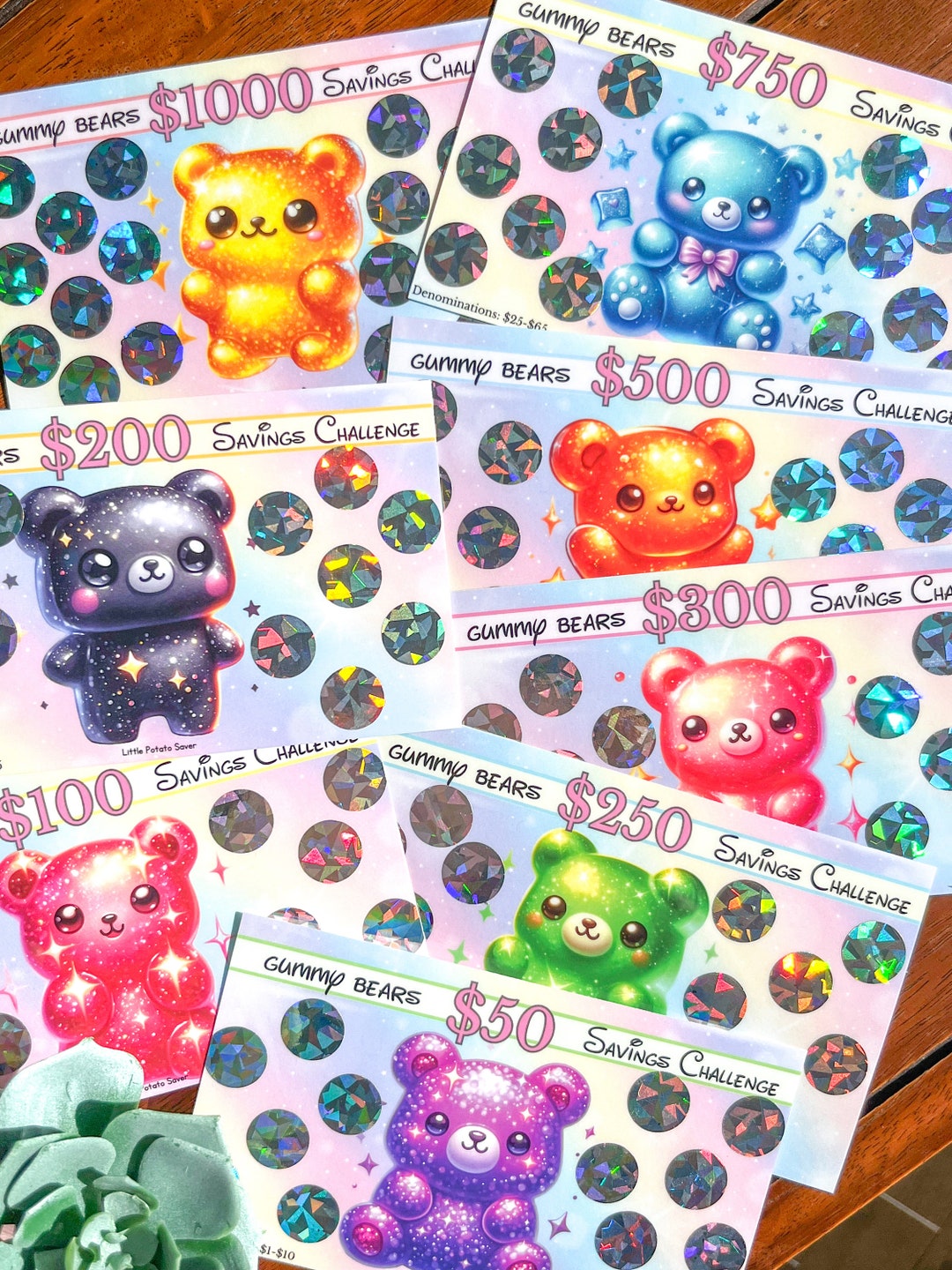 50-1000 Gummy Bear Savings Challenge Scratchers | Kawaii Cute Rainbow ...