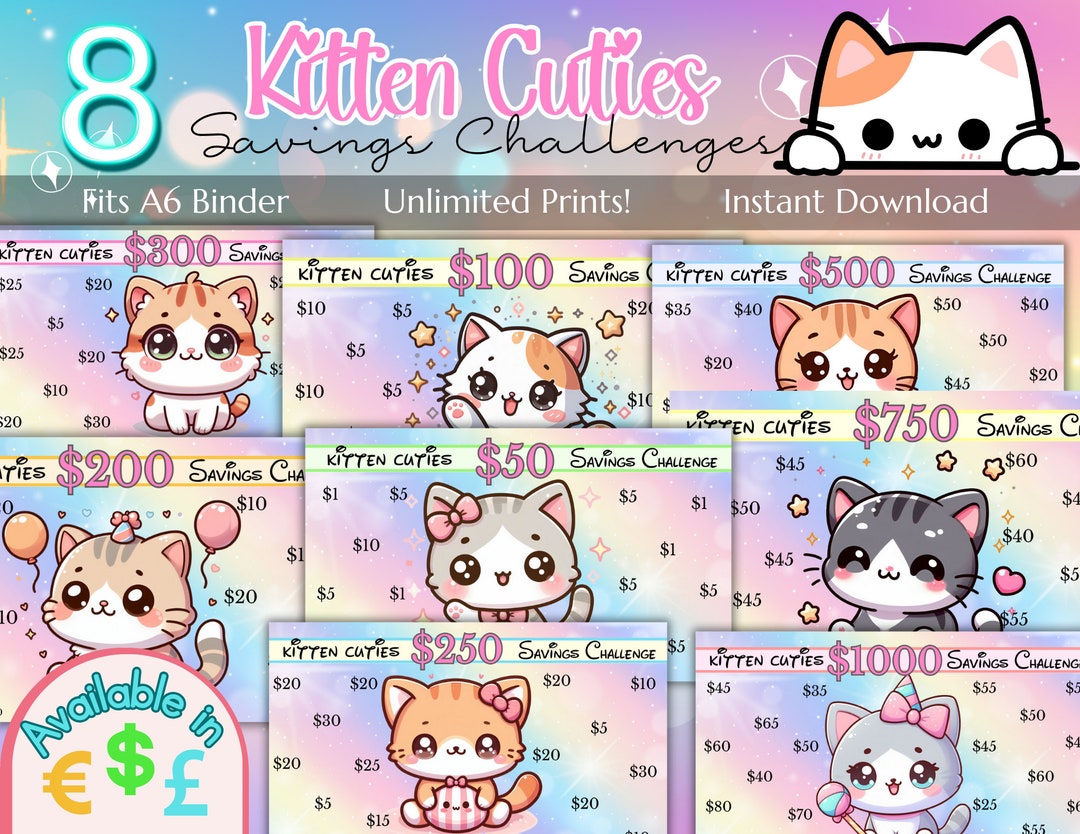8 Kitten Cuties Savings Challenge | 50-1000 Money Tracker | A6 Savings ...