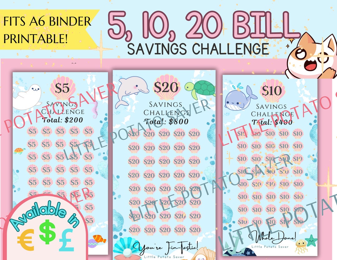 5, 10, 20 Dollar Bills Savings Challenge Printable | A6 Budget Binder ...