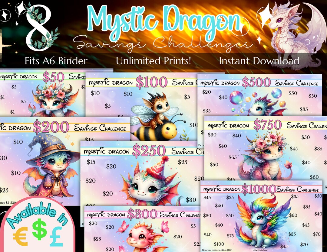 8 Mystic Dragon Savings Challenge | 50-1000 Money Tracker | A6 Savings ...