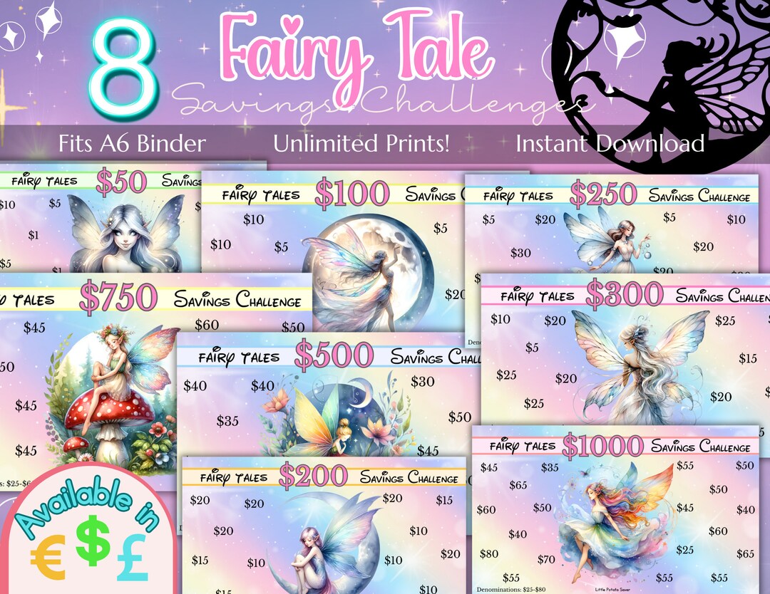 8 Fairy Tale Savings Challenge | 50-1000 Money Tracker | A6 Savings ...