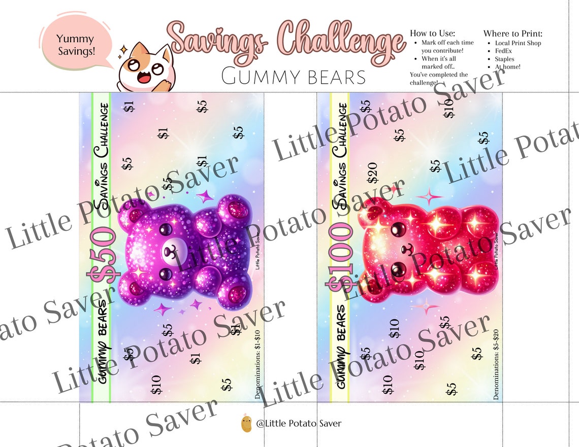 8 Gummy Bear Savings Challenge | 50-1000 Money Tracker | A6 Savings ...