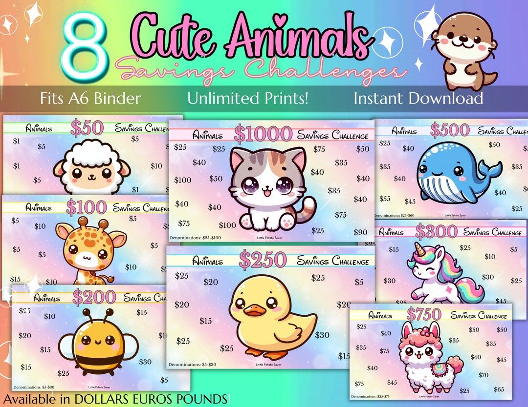 8 Cute Animals Savings Challenge | 50-1000 Money Tracker | A6 Savings ...