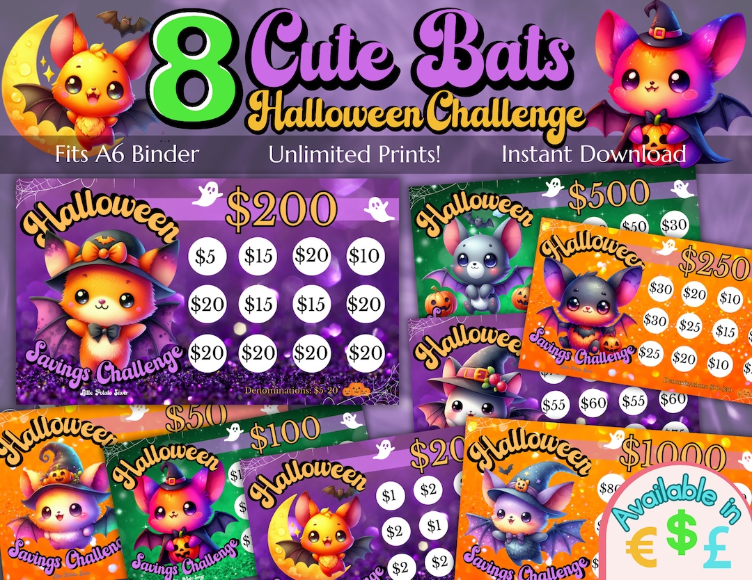 8 Cute Bats Halloween Savings Challenge | Save 20-1000 Money Tracker ...