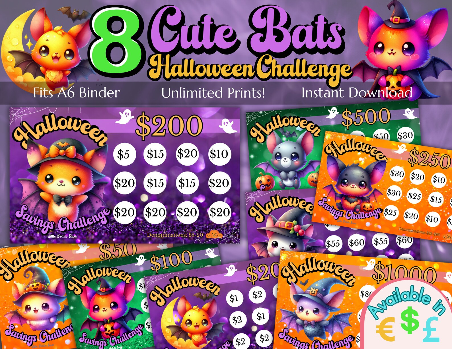 8 Cute Bats Halloween Savings Challenge | Save 20-1000 Money Tracker ...