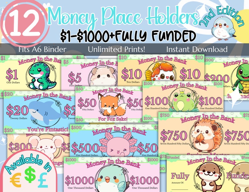 12 Money Place Holders - Cute Animals 2nd Ed | 1-1000| A6 Savings ...