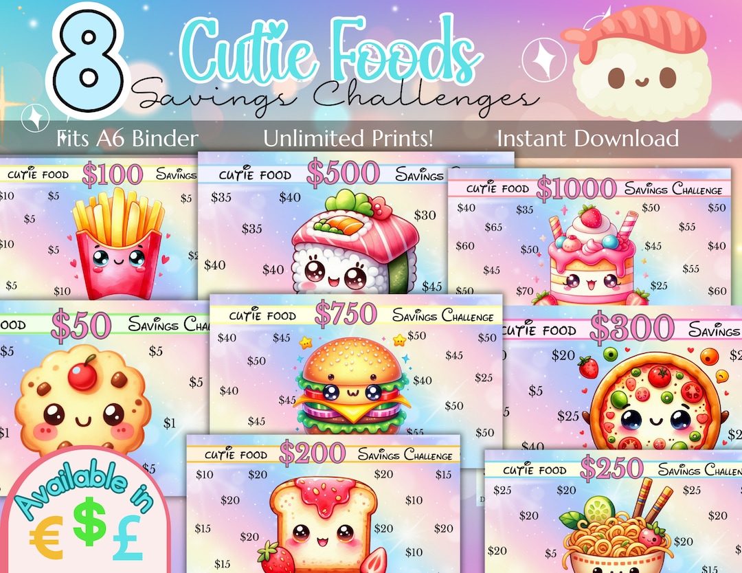 8 Cutie Foods Savings Challenge | 50-1000 Money Tracker | A6 Savings ...