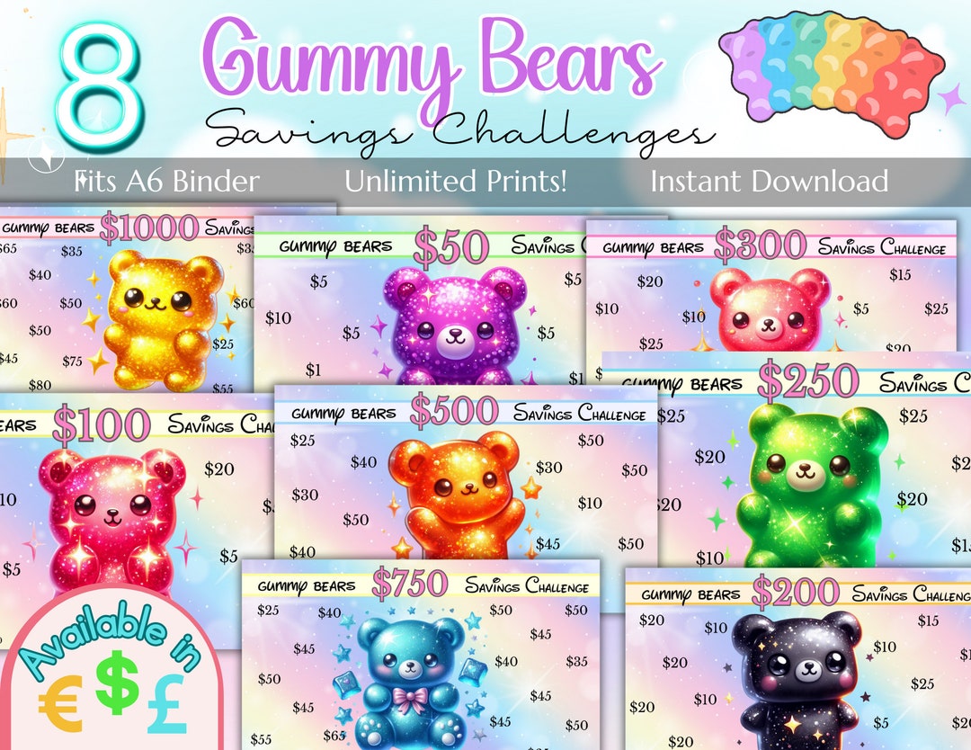 8 Gummy Bear Savings Challenge | 50-1000 Money Tracker | A6 Savings ...