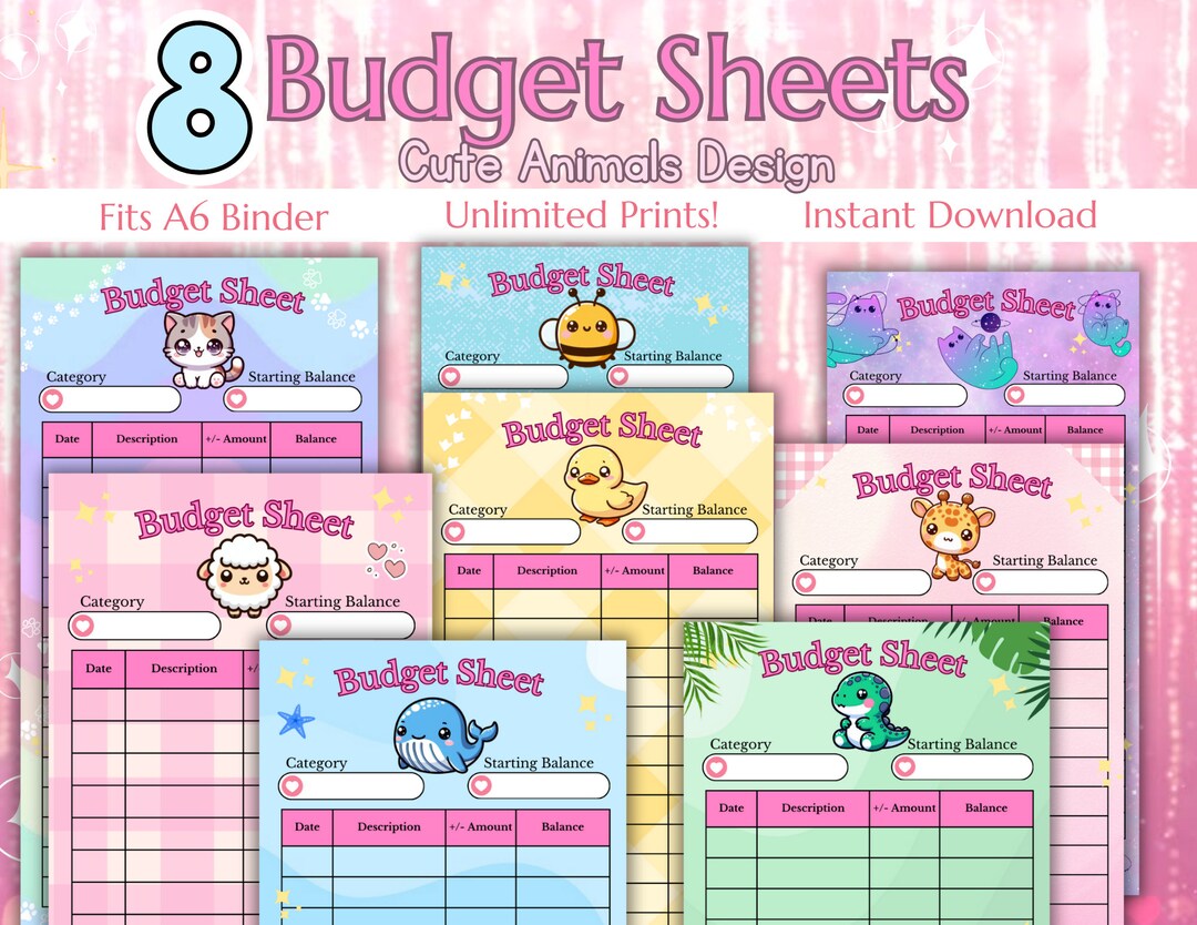 8 Budget Sheets - Cute Animals | Money Tracker | A6 Savings Challenges ...