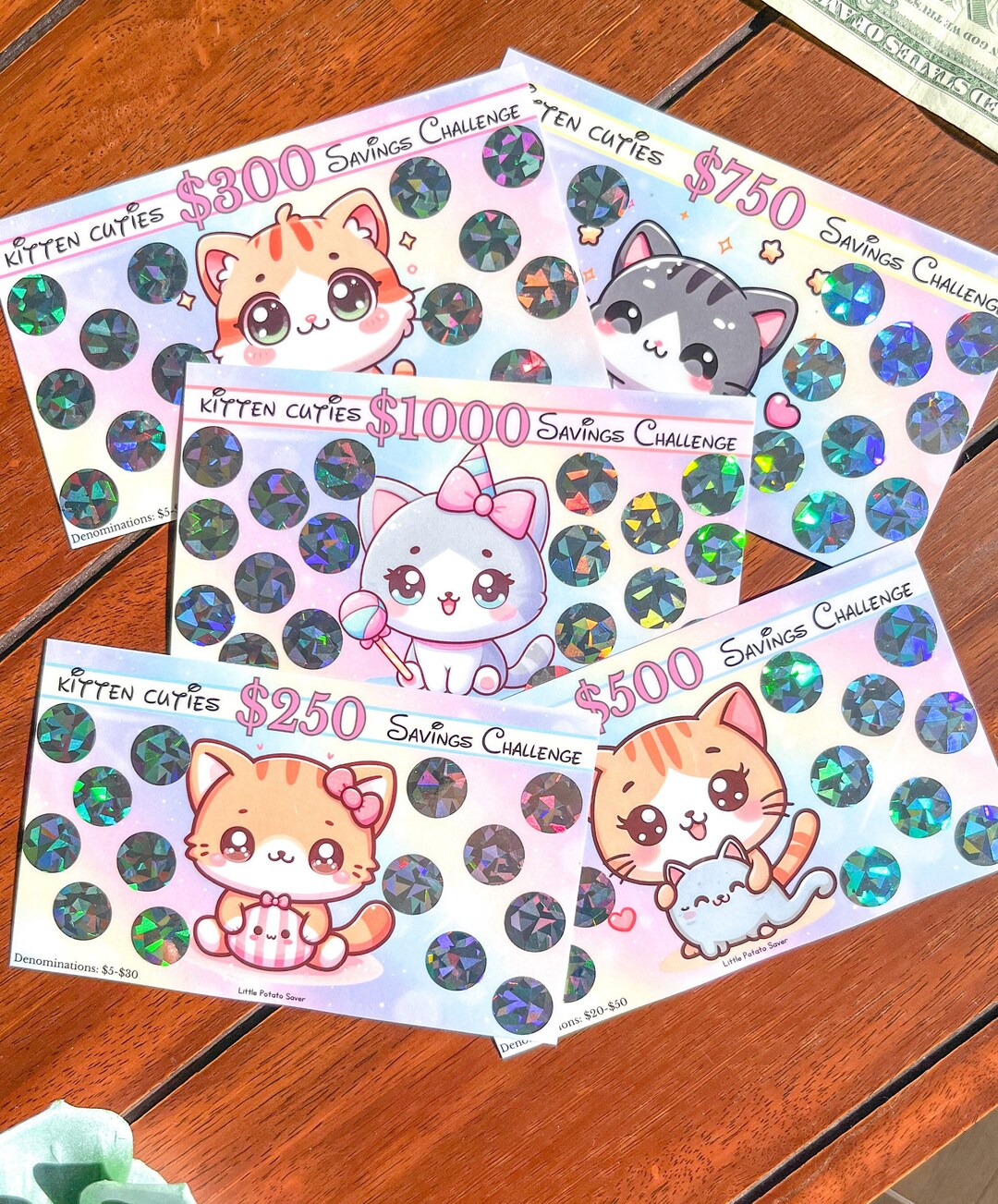 50-1000 Kitten Cuties Savings Challenge Scratchers | Kawaii Cute ...