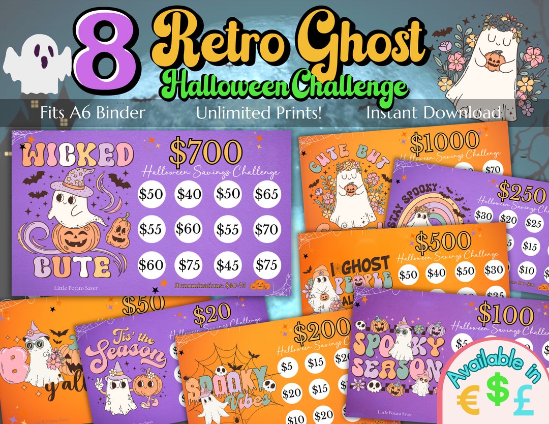 8 Retro Ghosts Halloween Savings Challenge | Save 20-1000 Money Tracker ...