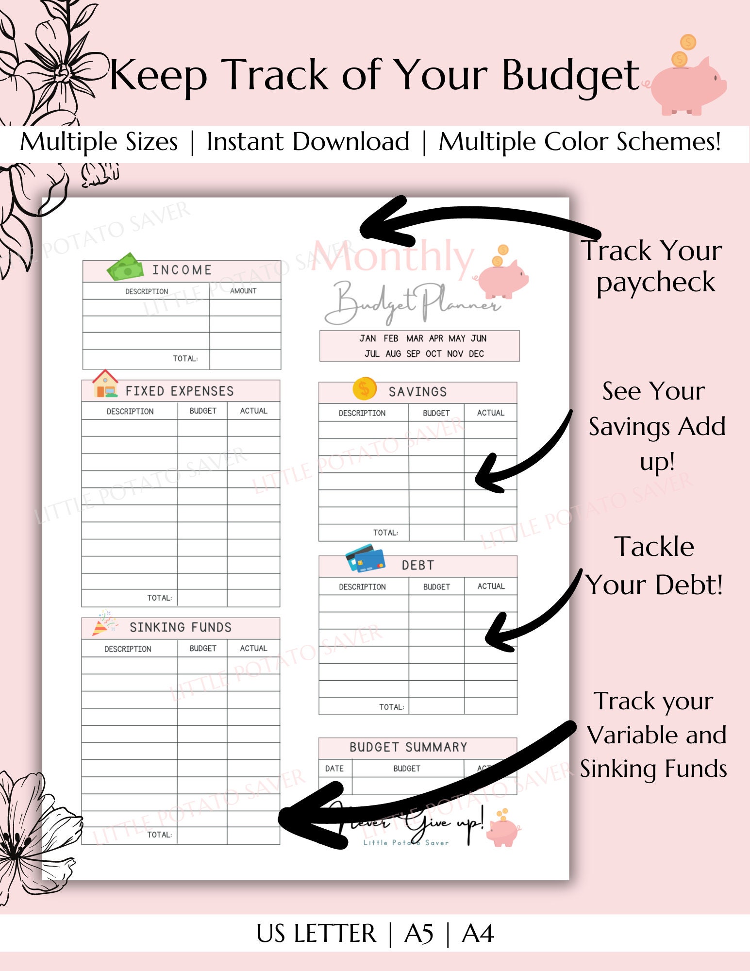 MONTHLY BUDGET TRACKER Sheet | Printable | Monthly Income | Expense ...