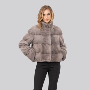 Short Line Silver Grey Real Mink Fur Jacket With Stand Collar. Modern ...