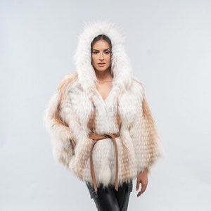 Fluffy Real Fox Fur Cape With Hood and Leather Belt. Winter Fur Cape ...