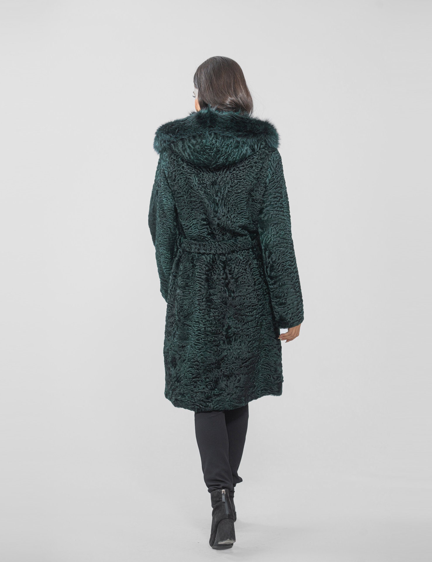 Long Line Astrakhan Fur Coat With Belt, Real Fox Fur Hood. Swakara ...