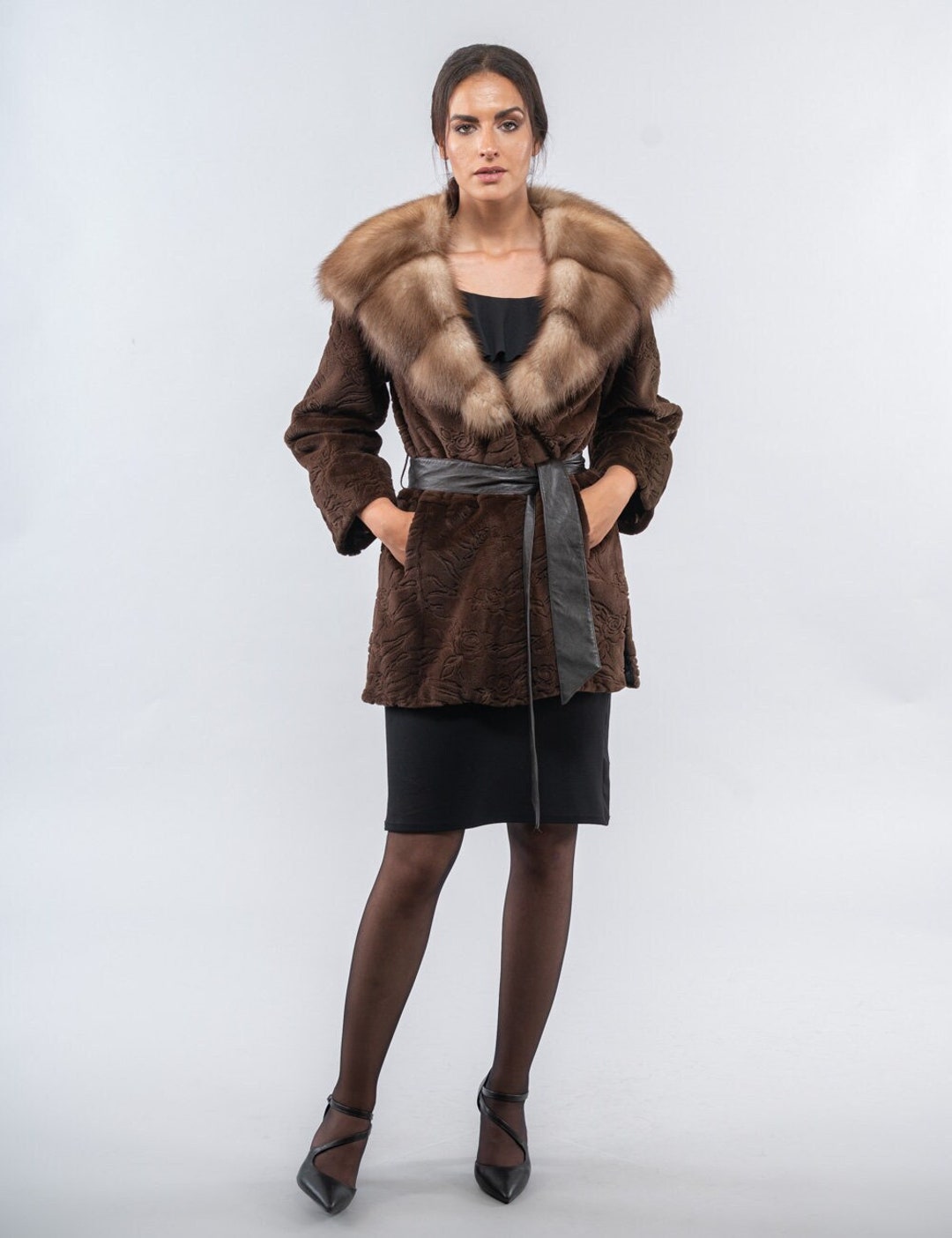 Brown Real Mink Fur Coat With Sable Marten Hood, Leather Belt. Full ...