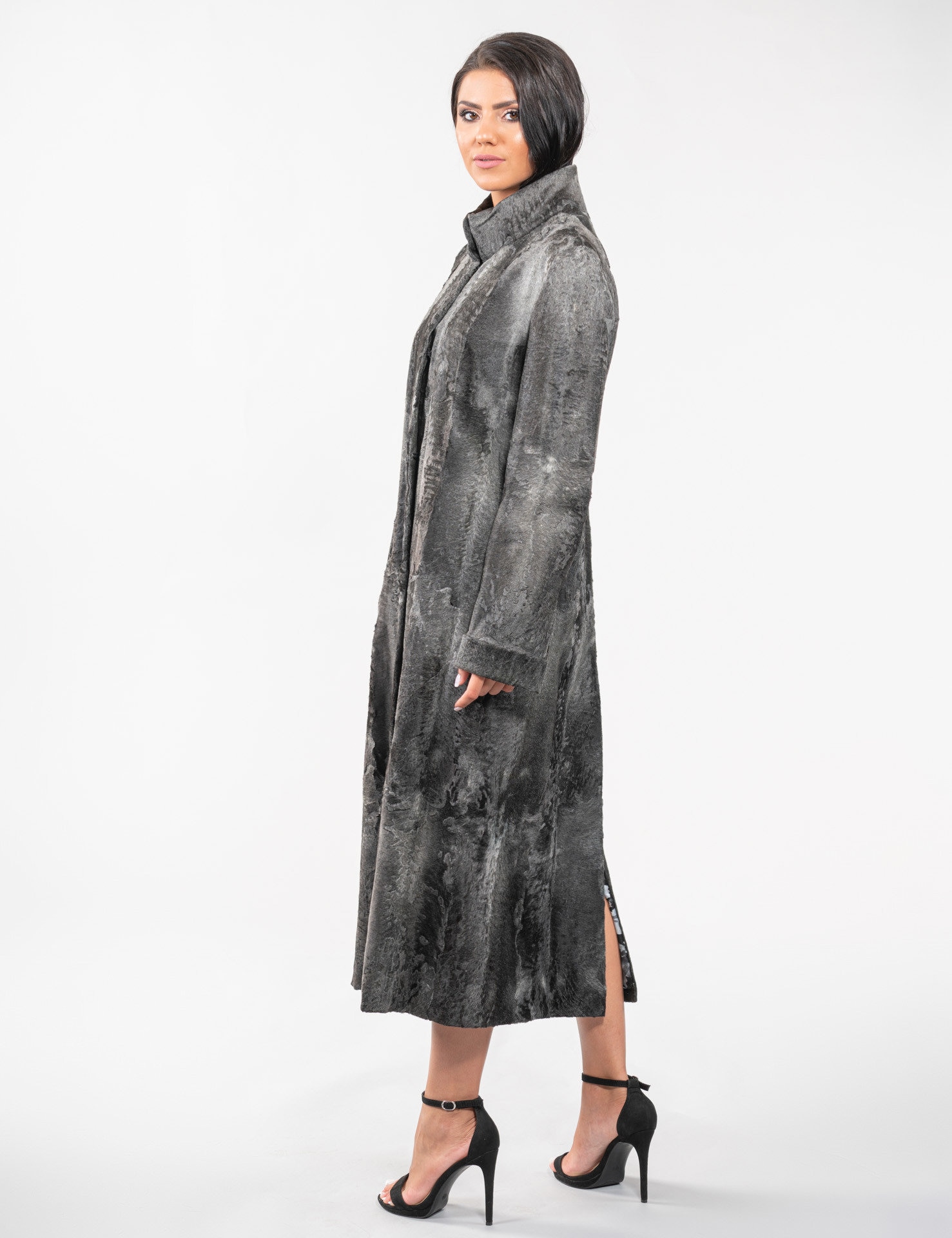 Graphite Gray, Real Astrakhan Fur Coat, Full Length, Straight Line Coat ...