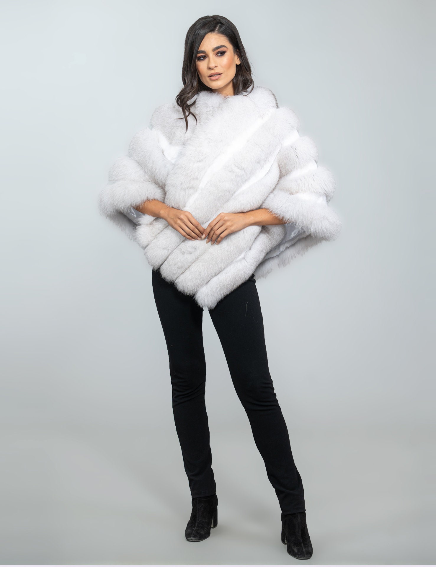 White Real Fox Fur Poncho, Zipper Closure. Full Skin Natural White Fox ...