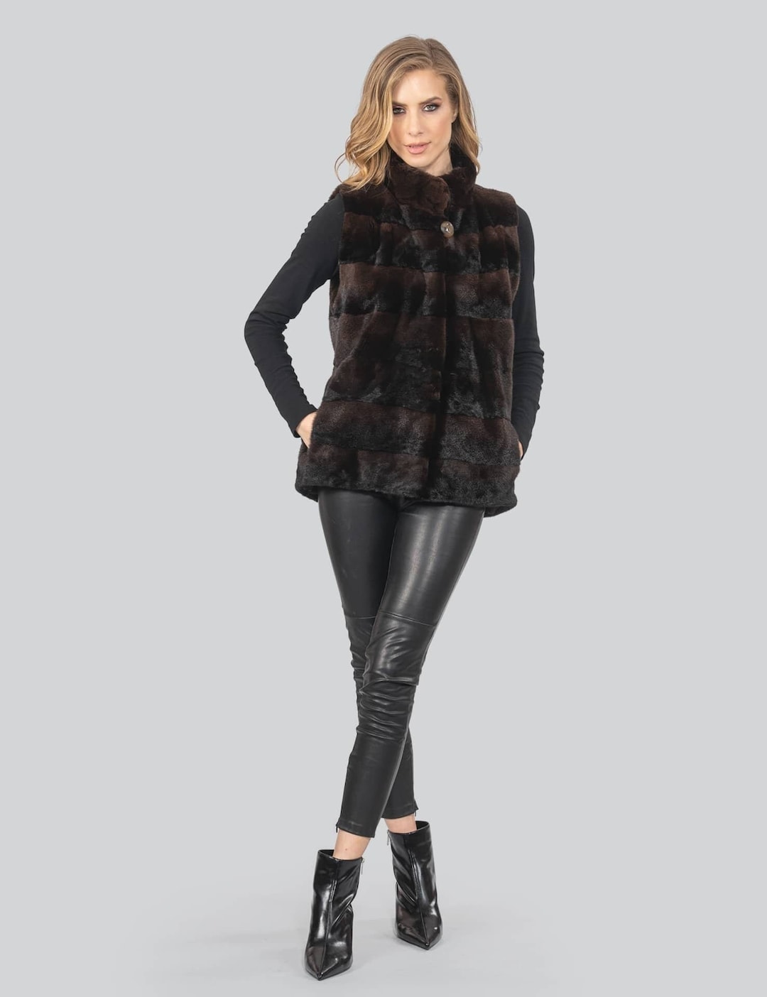 Dark Brown Real Mink Fur Vest With Stand Collar. Winter Womens Fur Gillet. Full Skin Mink Fur ...