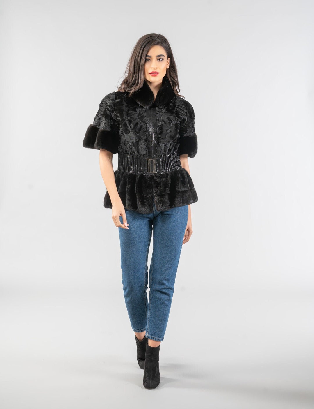 Double Material Mink and Astrakhan Fur Black Jacket, With Short Sleeves ...