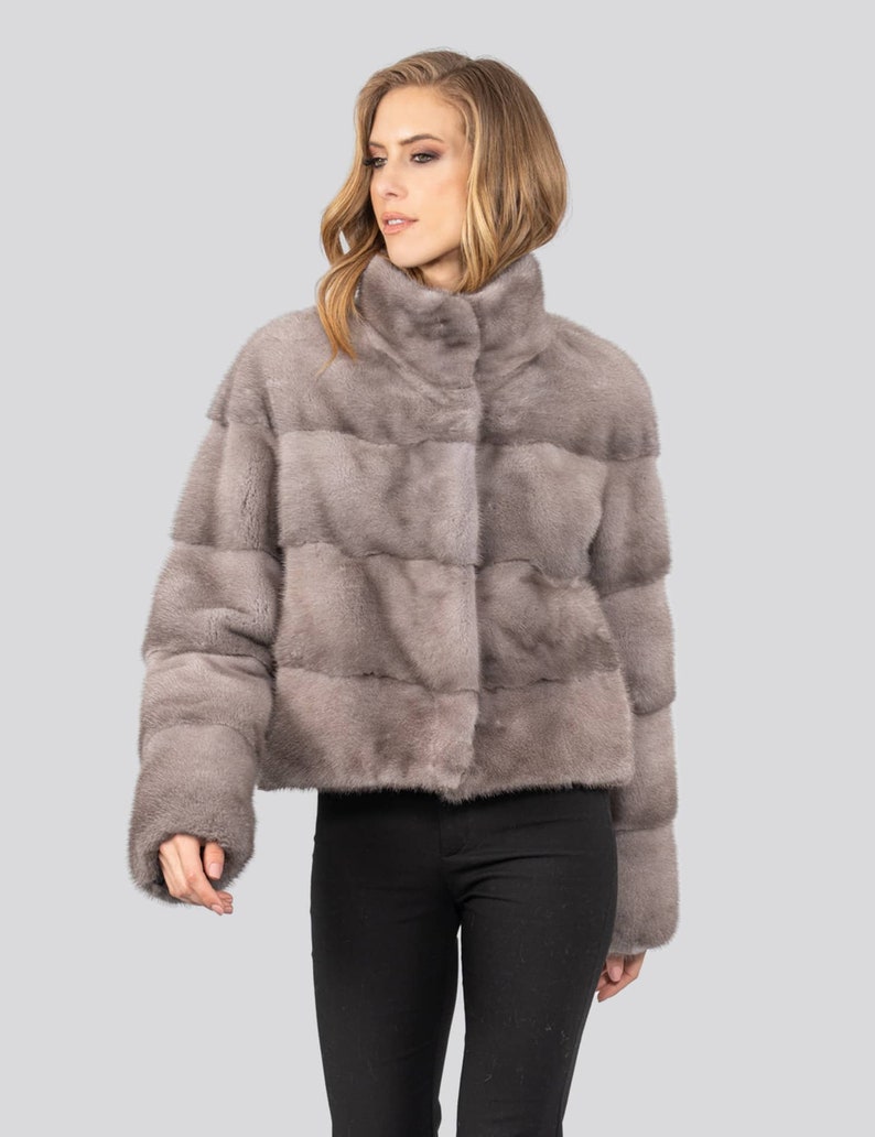 Short Line Silver Grey Real Mink Fur Jacket With Stand Collar. Modern ...
