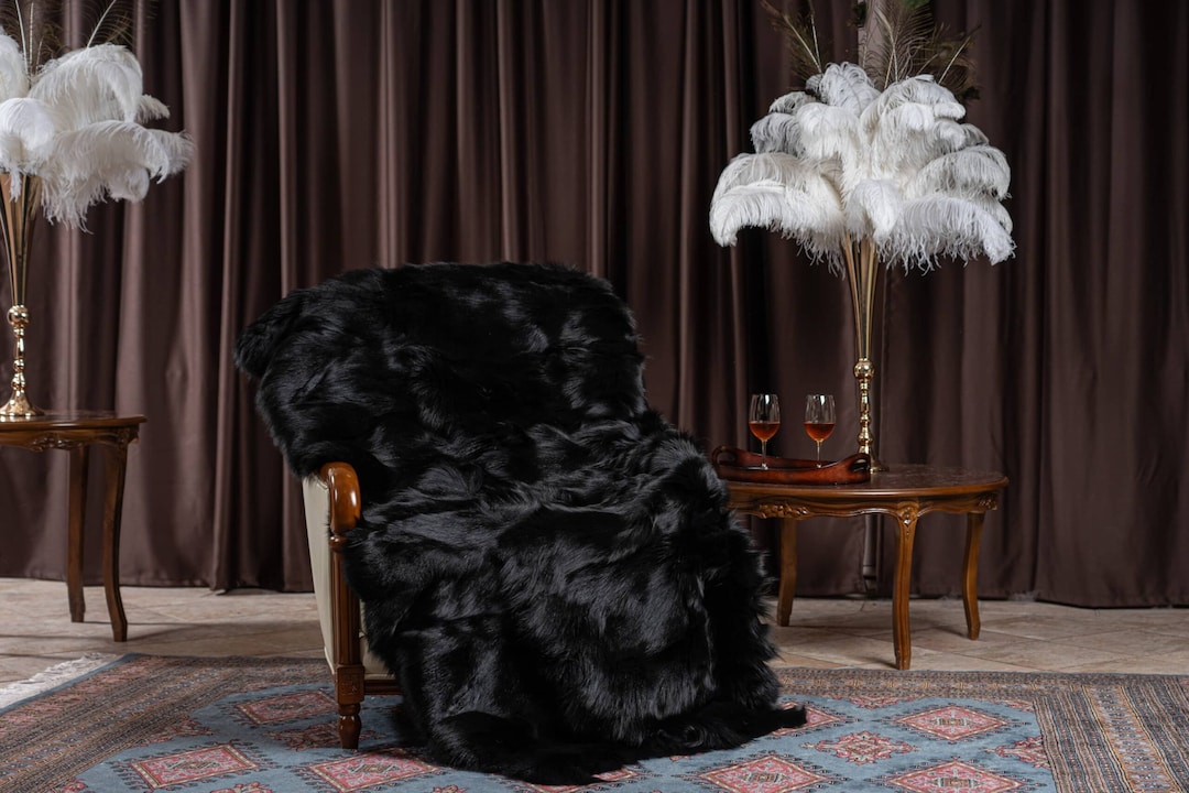Black Real Fox Fur Blanket. Modern Shiny Zaets Fox Fur Throw, Fur Rug ...