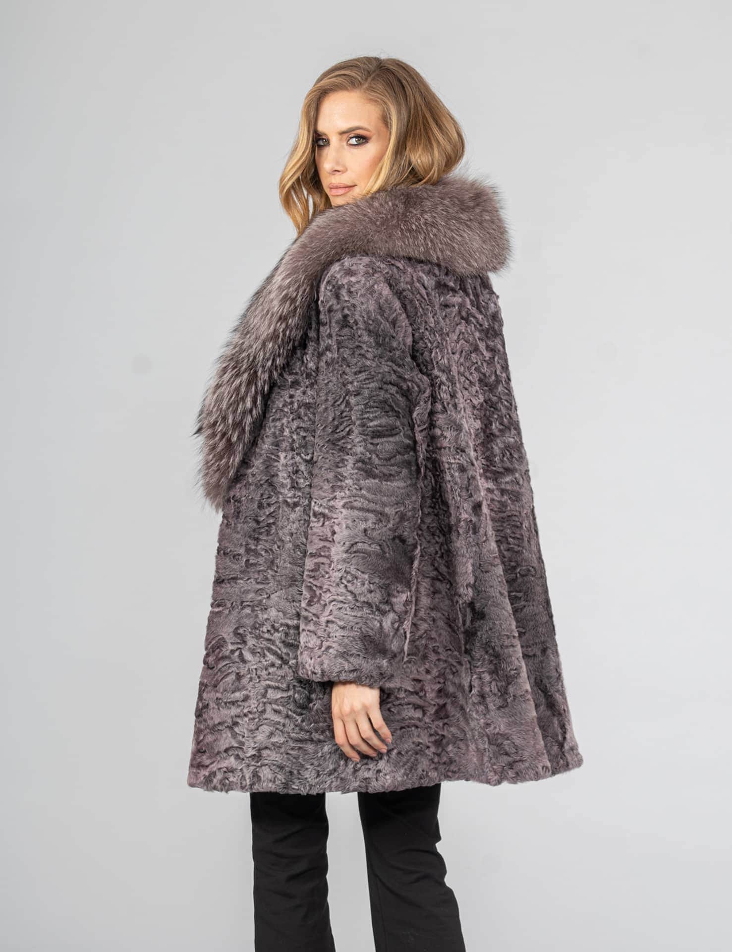 Light Purple Real Astrakhan Fur Coat With Fluffy Fox Fur Collar. Modern ...