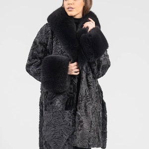 Black Grey Real Astrakhan Fur Coat With Fluffy Fox Fur Collar and Cuffs ...