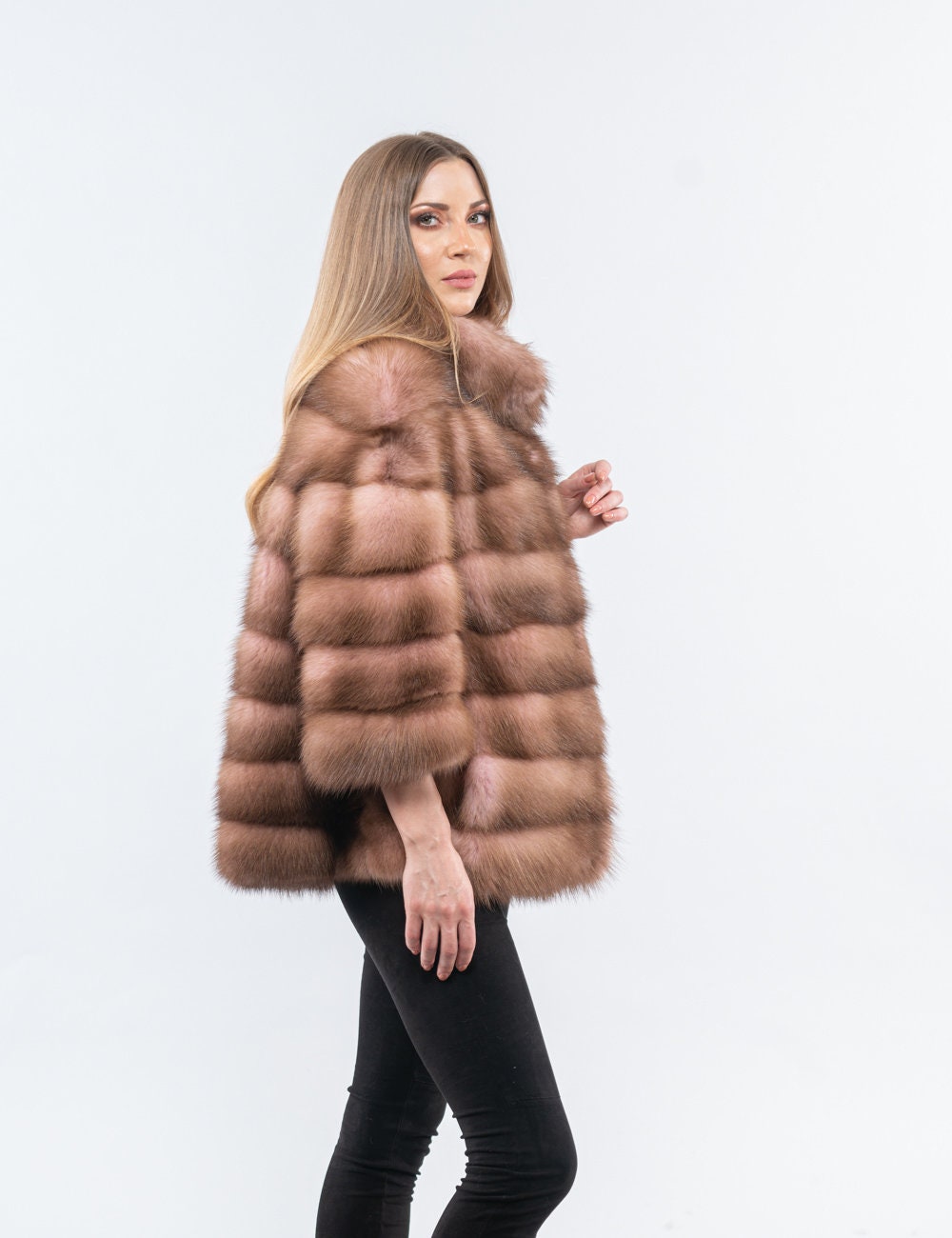 Long Hair Real Sable Marten Fur Jacket in a Pink Brown Color. Full Skin ...