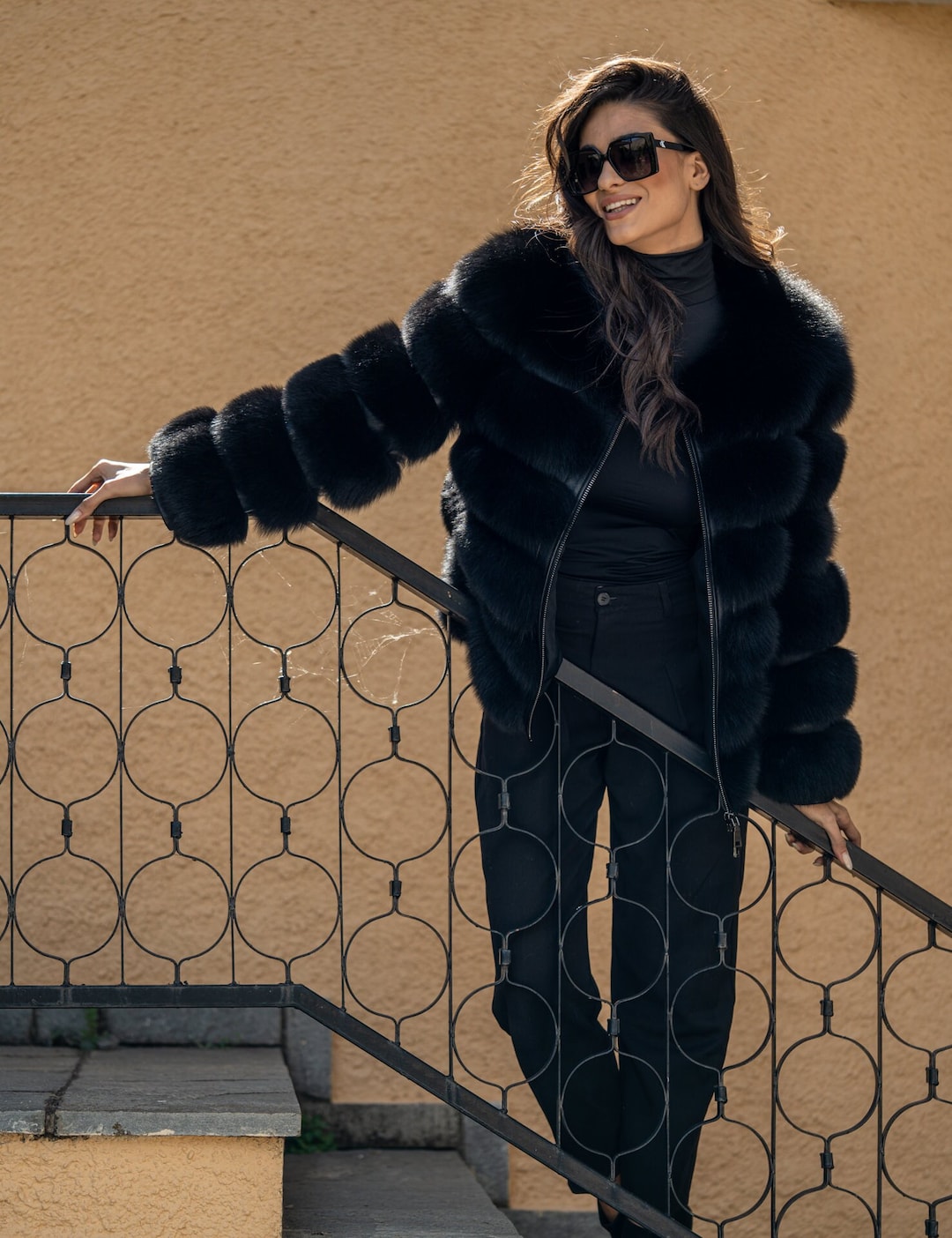 Fluffy Black Fox Fur Jacket. Full Skin Fox Fur, Collarless Winter ...