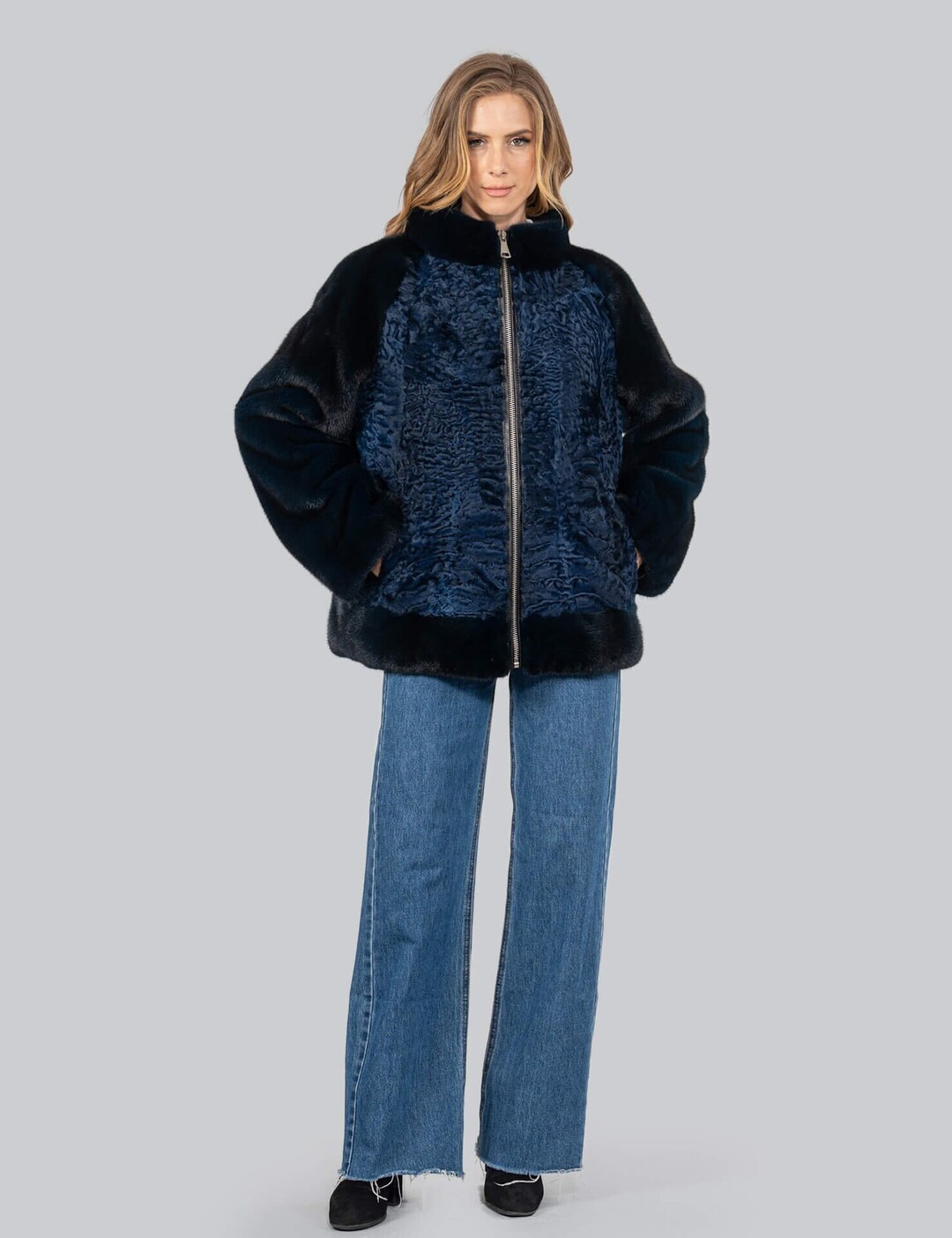 Real Astrakhan With Mink Fur Jacket. Double Material Blue Fur Jacket ...