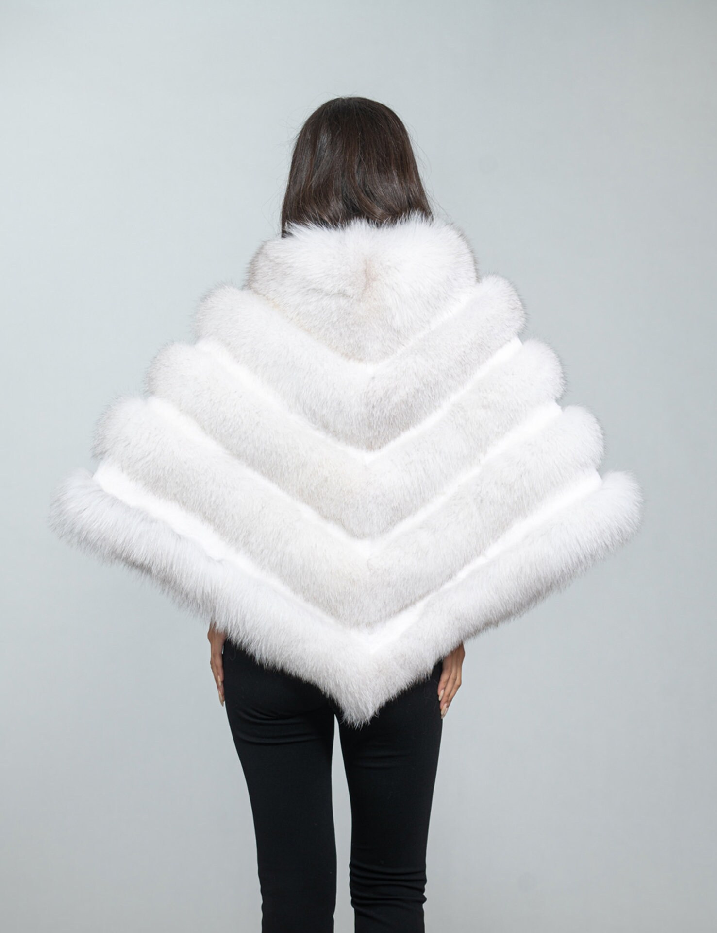 White Real Fox Fur Poncho Zipper Closure Full Skin Natural White Fox