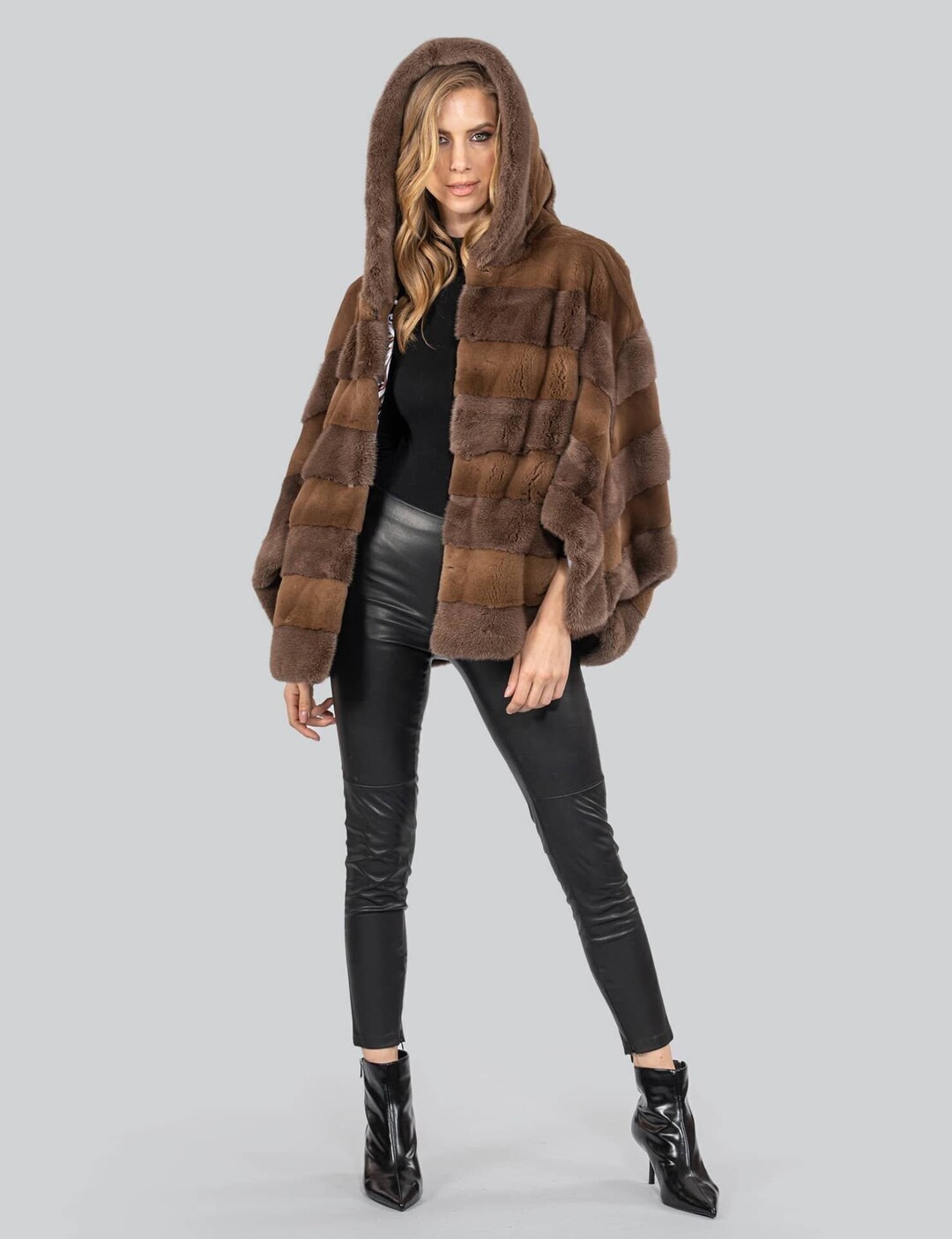 ONE SIZE Brown Real Mink Fur Cape With Hood. Full Skin Mink - Etsy