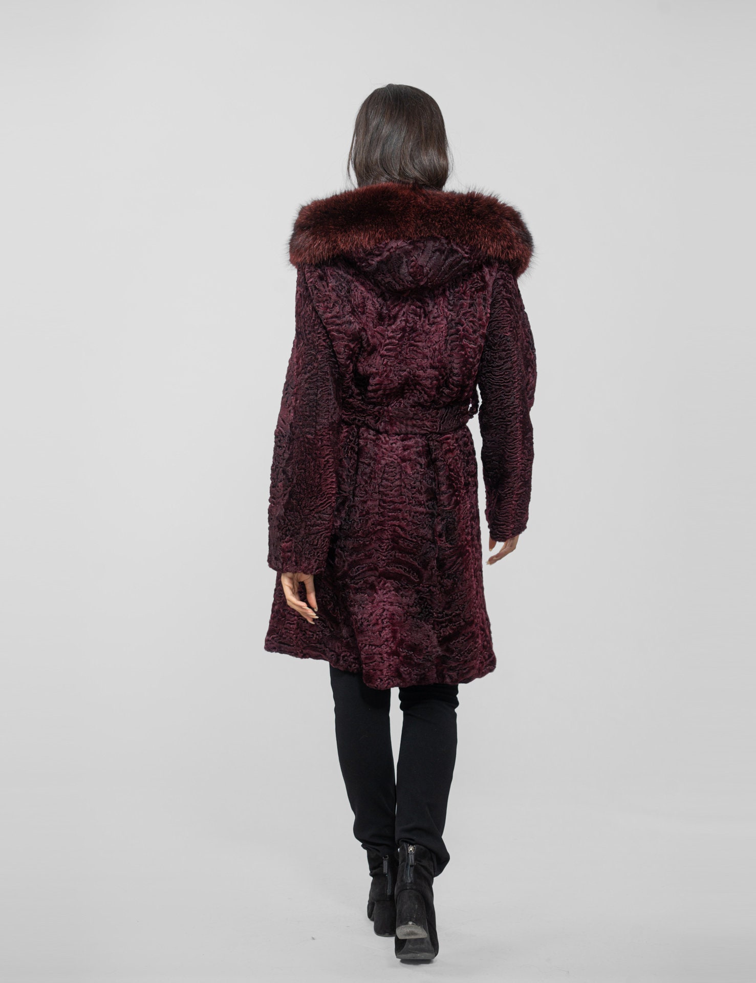 Long Line Astrakhan Fur Coat With Belt, Real Racoon Fur Hood. Swakara ...