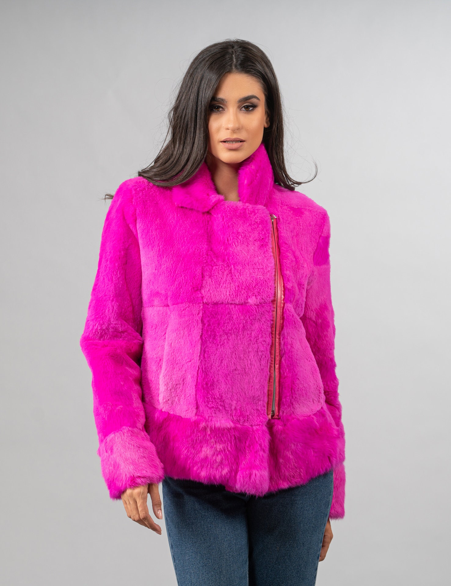 Biker Jacket in Fuchsia Color With a Diagonal Zipper Closure - Etsy