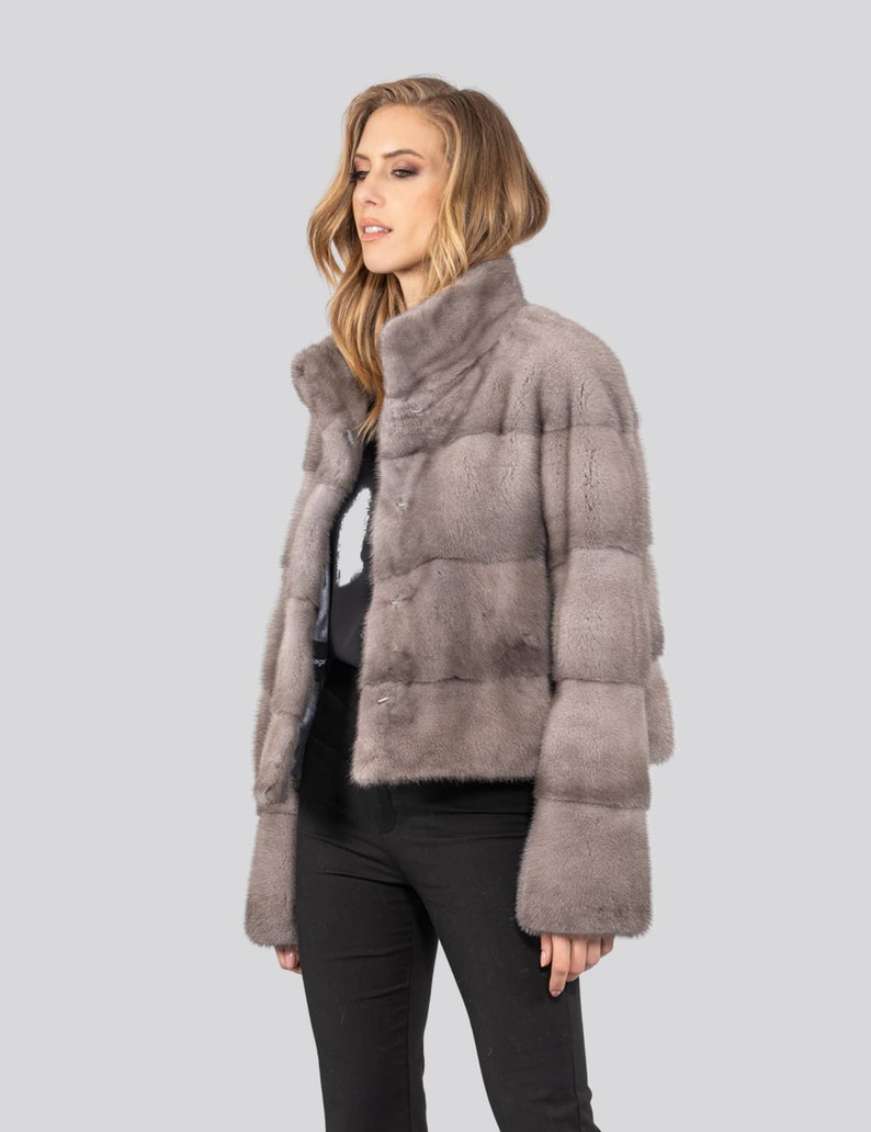 Short Line Silver Grey Real Mink Fur Jacket With Stand Collar. Modern ...