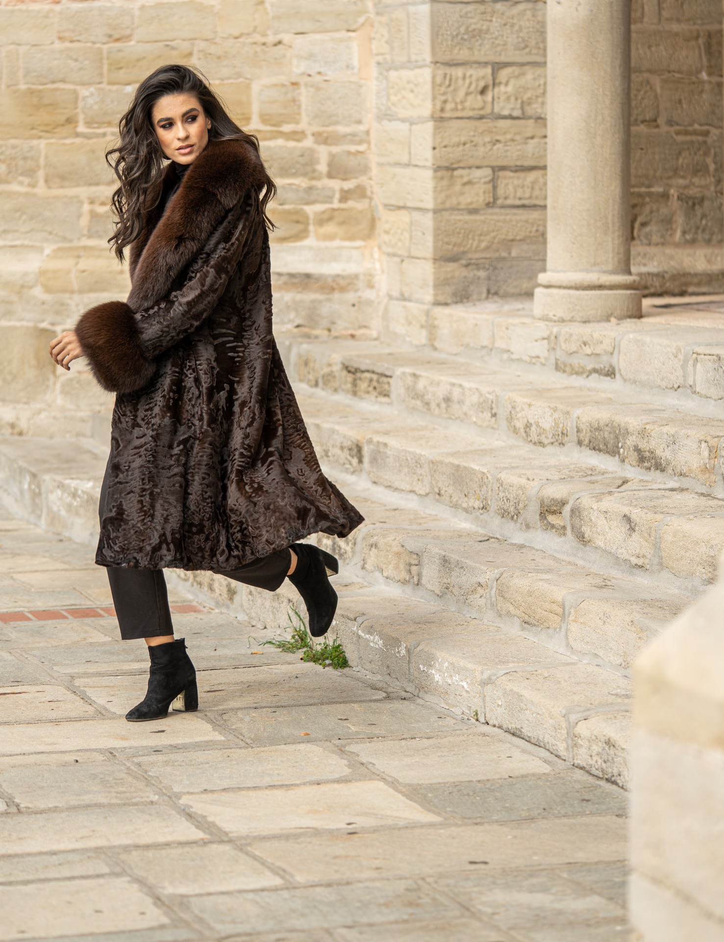 Long Line High Quality Real Astrakhan Fur Coat, Brown Color, Fluffy Fox ...