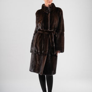 Long Dark Brown Saga Mink Fur Coat With Belt. Full Skin Real Mink Fur ...