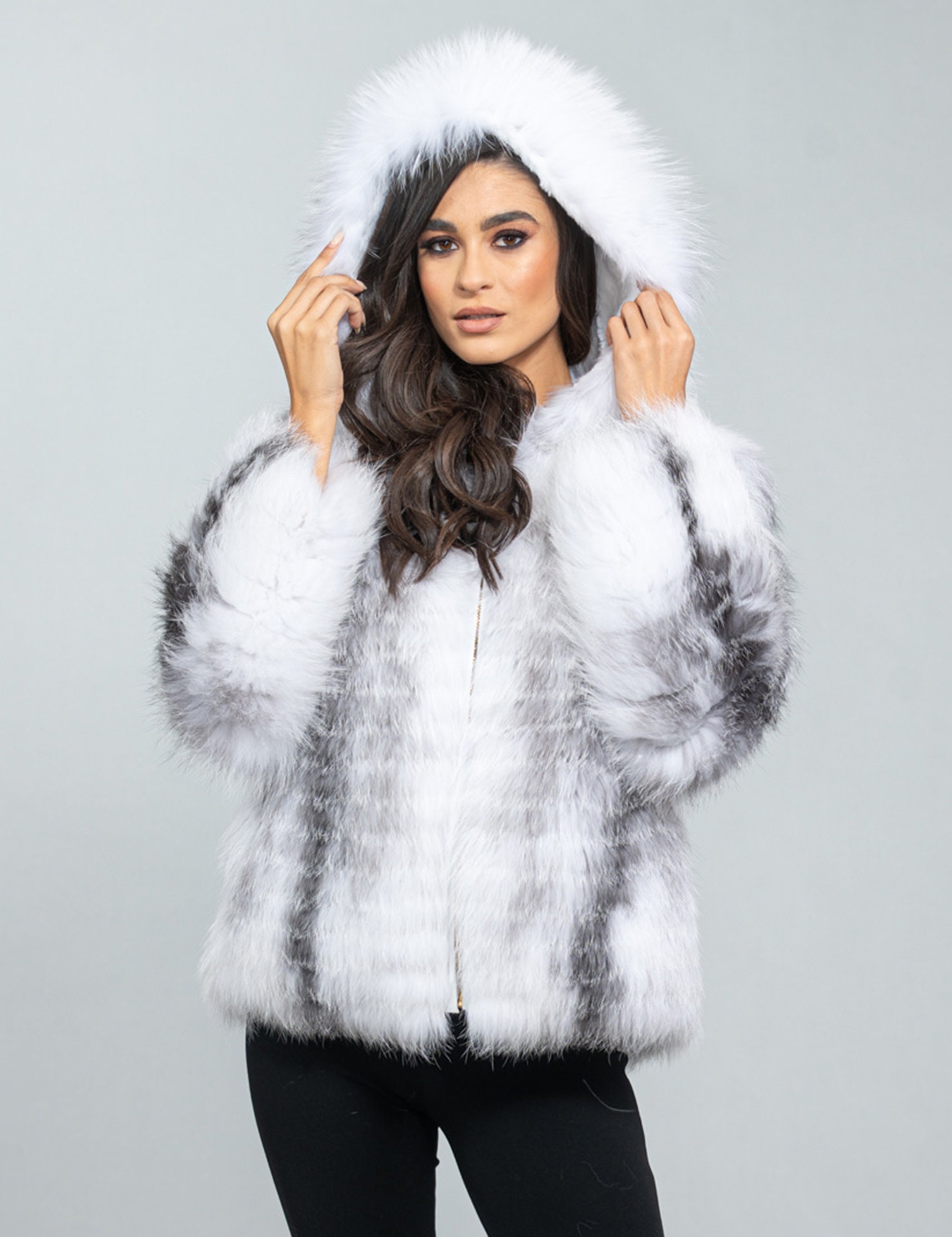 Hooded Arctic Marble Fox Fur Jacket. Natural Color Full Skin Real Fox ...