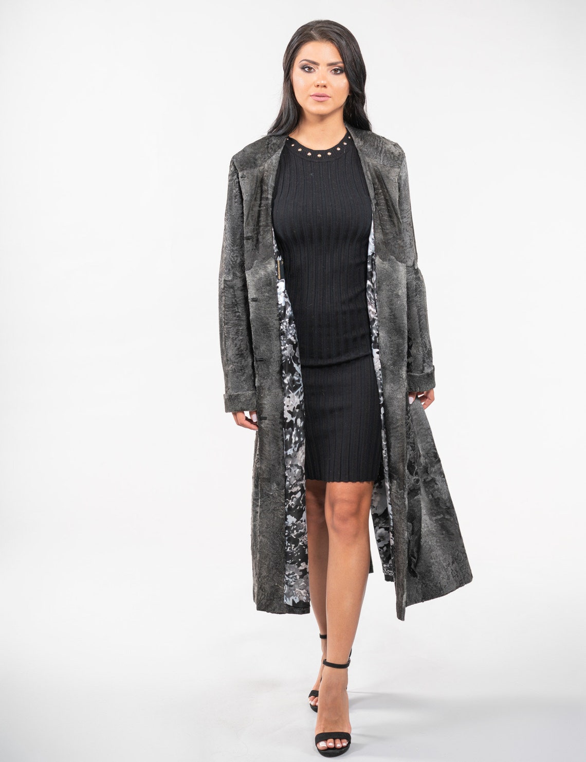 Graphite Gray, Real Astrakhan Fur Coat, Full Length, Straight Line Coat ...