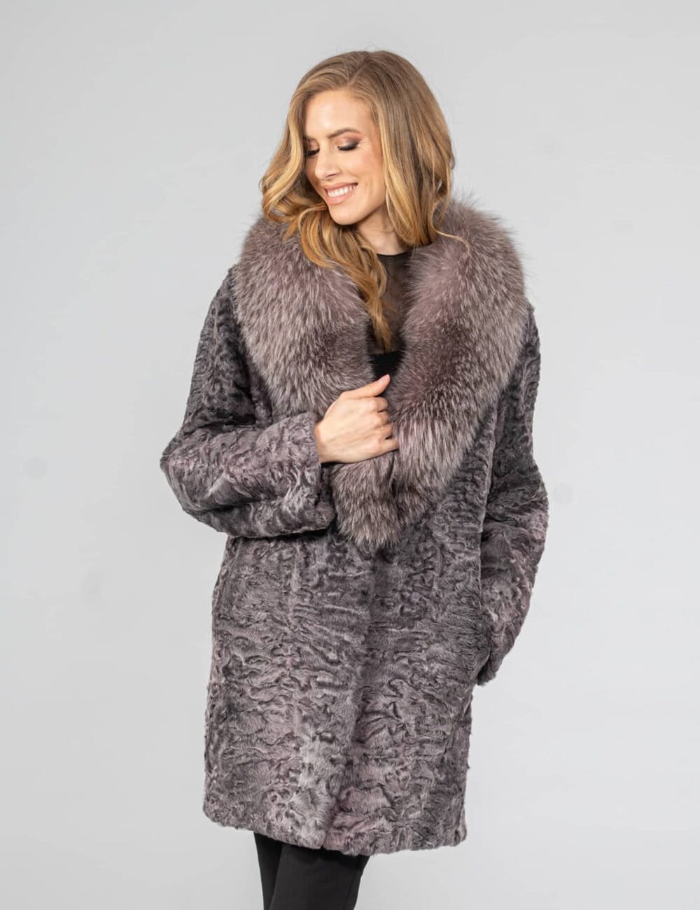 Light Purple Real Astrakhan Fur Coat With Fluffy Fox Fur Collar. Modern ...