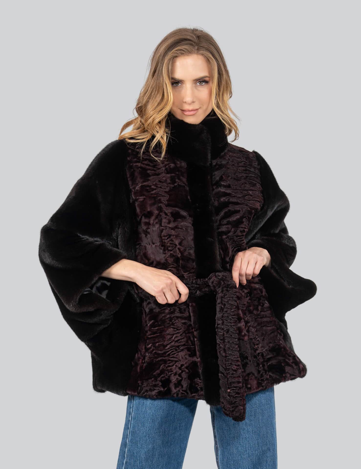 One Size Mink and Astrakhan Fur Cape in Black and Burgundy Color. Full ...