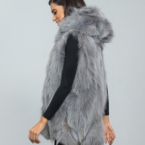 Modern Silver Grey Fox Fur Hooded Vest, Zaets Real Fox Fur Vest. Fluffy ...