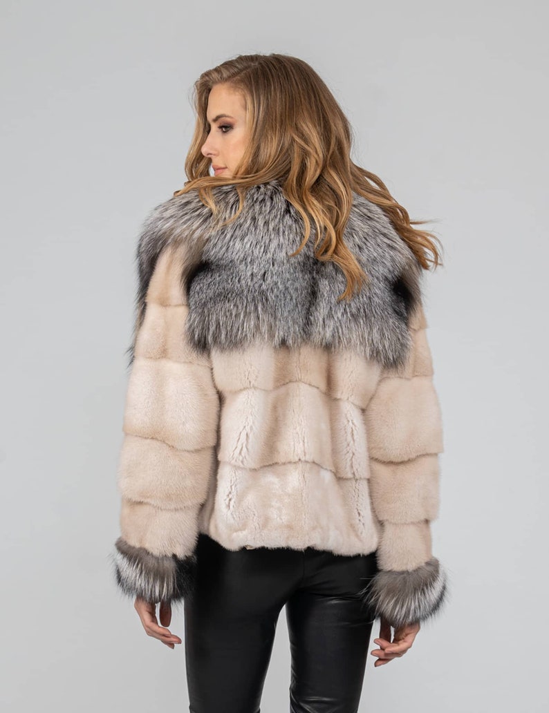 Modern Mink and Fox Fur Jacket in Pearl and Brown Color. Fluffy Real ...