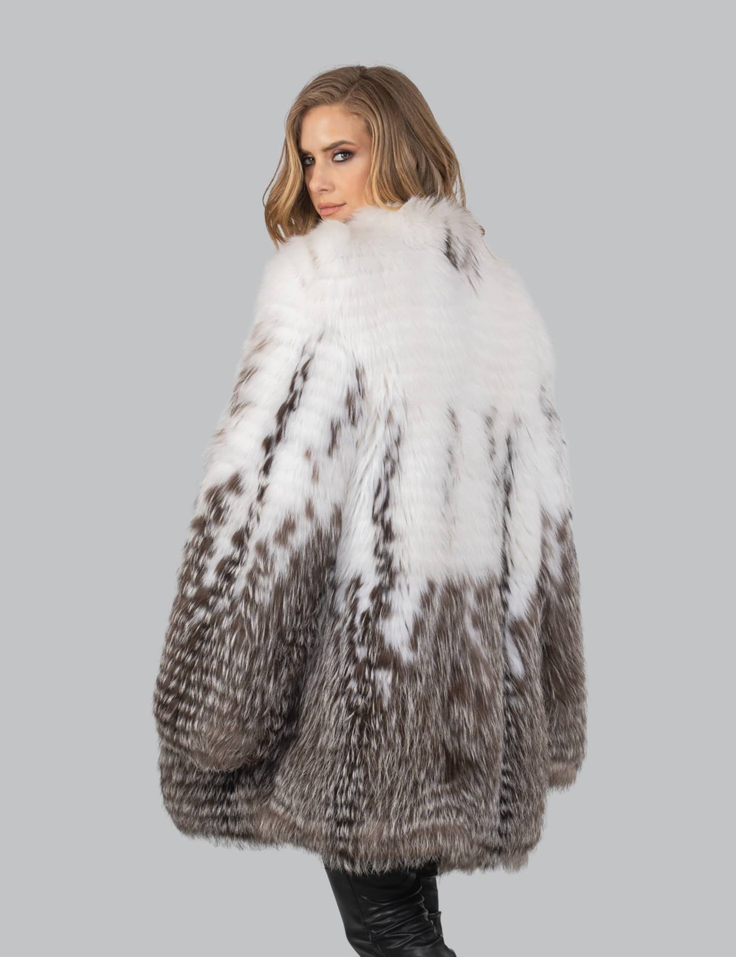 Black and White Fluffy Fox Fur Coat. Knee Length Natural Arzade Color ...