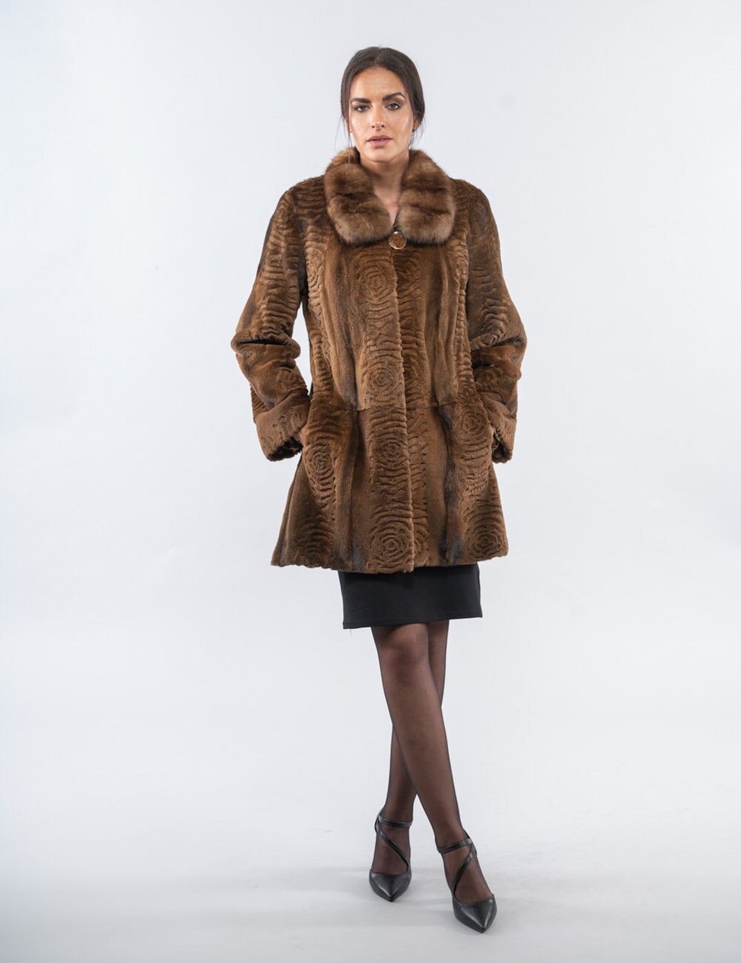 Brown Sheared Real Mink Fur With Sable Marten Fur Collar. Full Skin ...