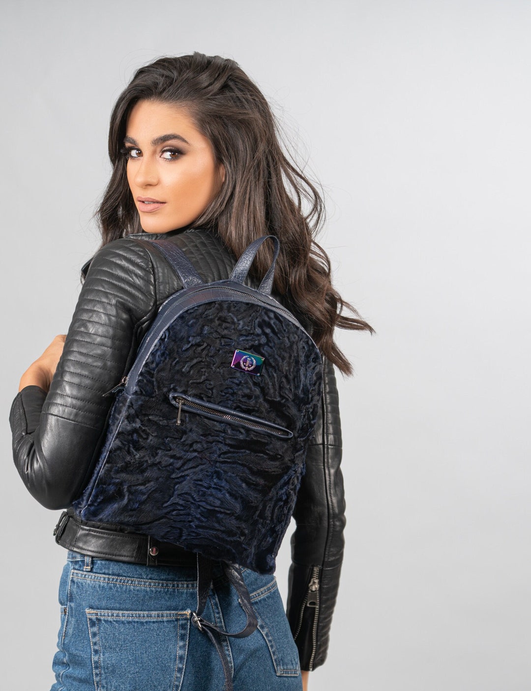 Blue-black Real Astrakhan Fur Backpack With Genuine Leather. - Etsy